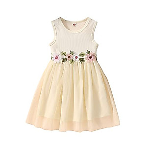 Toddler Girl Floral Tutu Dress Sleeveless Tulle Sundress Flower Princess Party Dresses for 2-6 Years(Beige, 4-5X)
