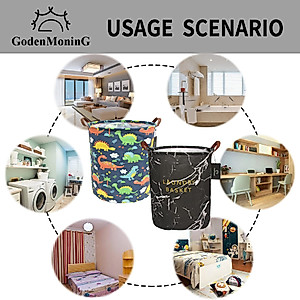 Collapsible Laundry Basket,GodenMoninG 2X 62.8L Large Sized Round Waterproof Storage Bin with Leather Handles,Toy Organizer,Children Nursery Hamper.（2 PACKS，Black Marbling & Blue Dinosaurs）