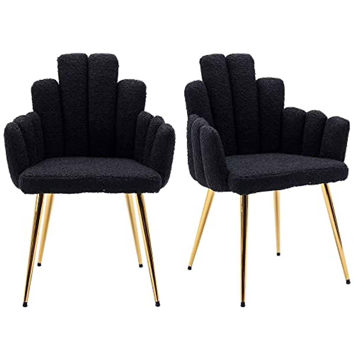 VESCASA Sherpa Accent Chairs with Petal Back, Mid-Century Modern Upholstered Dining Chairs with Arms, Makeup Vanity Chairs with Gold Metal Legs for Living Room/Bedroom, Set of 2, Black