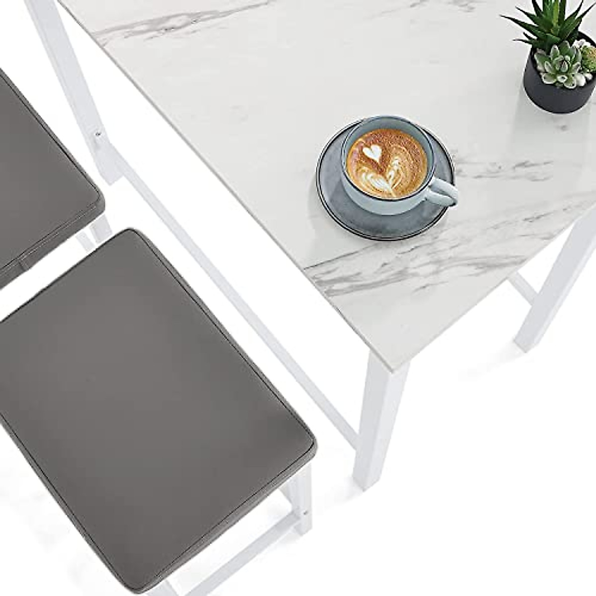 Bar Table Set for 2, White Faux Marbled 3-Piece Counter Height Breakfast Table with 2 Cushioned Stools, Small Dining Kitchen Table Set for Apartment