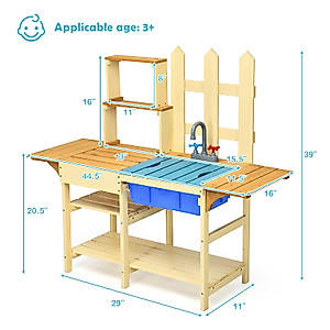 Costzon Mud Kitchen for Kids Outdoor, Wooden Pretend Play Kitchen with Removable Sink, Faucet, Storage Shelves, Mud Table, Kids Kitchen Playset for Girls & Boys Age 3+