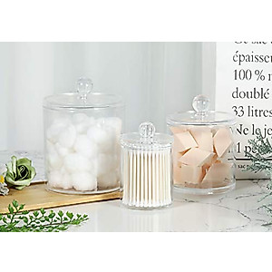 Marathon Studios Qtip Holder Dispenser Acrylic Clear 3 Pack for Cotton Swabs/Cotton Balls/Cotton Rounds, Bathroom Accessories Apothecary Jars Vanity Organizer, Bathroom Canisters - 30 oz/20 oz/10 oz