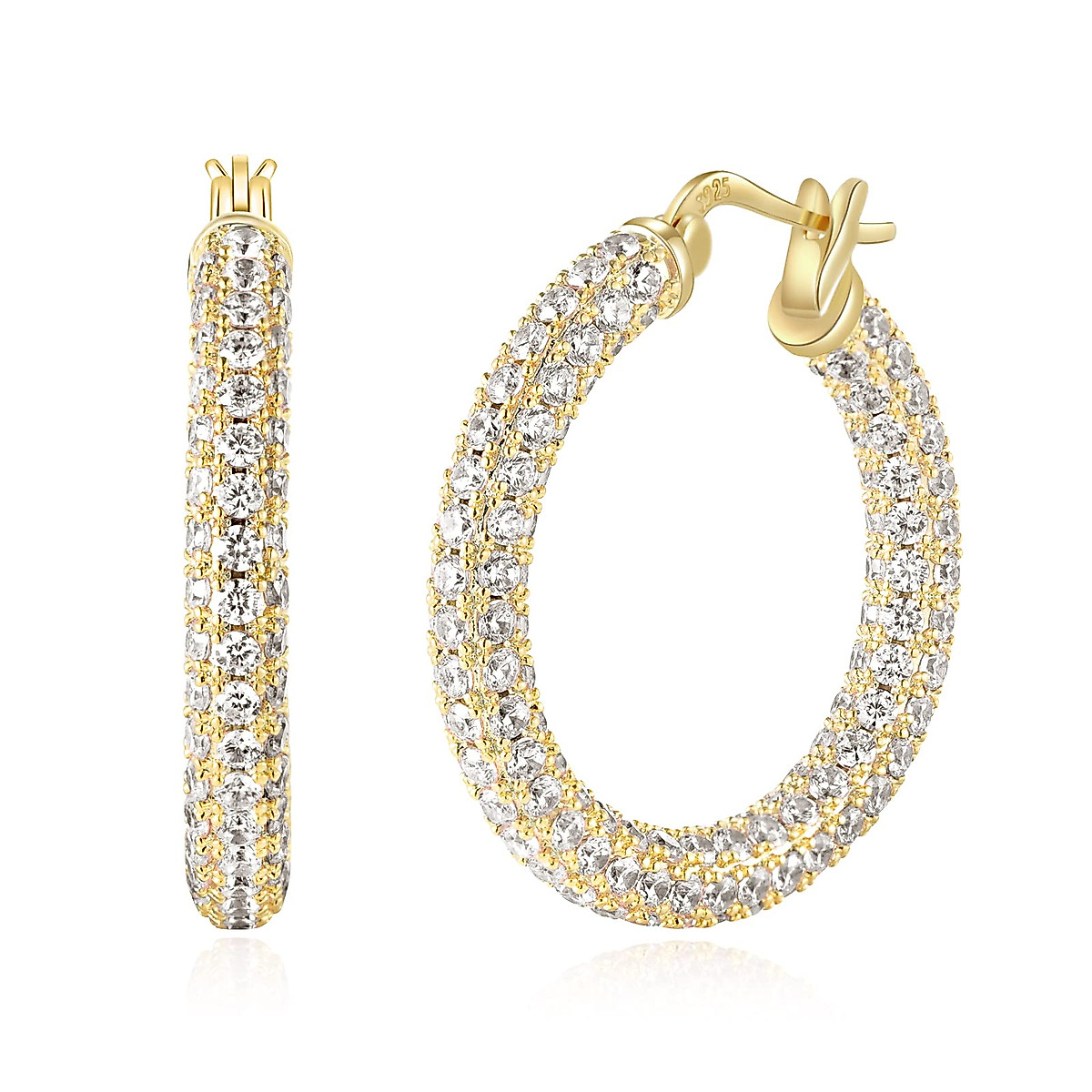 CiNily Hoop Earrings for Women, 925 Sterling Silver Earrings Hypoallergenic 14K Gold Plated Lightweight White Cubic Zirconia Chunky Open Hoops Jewelry 1.2"