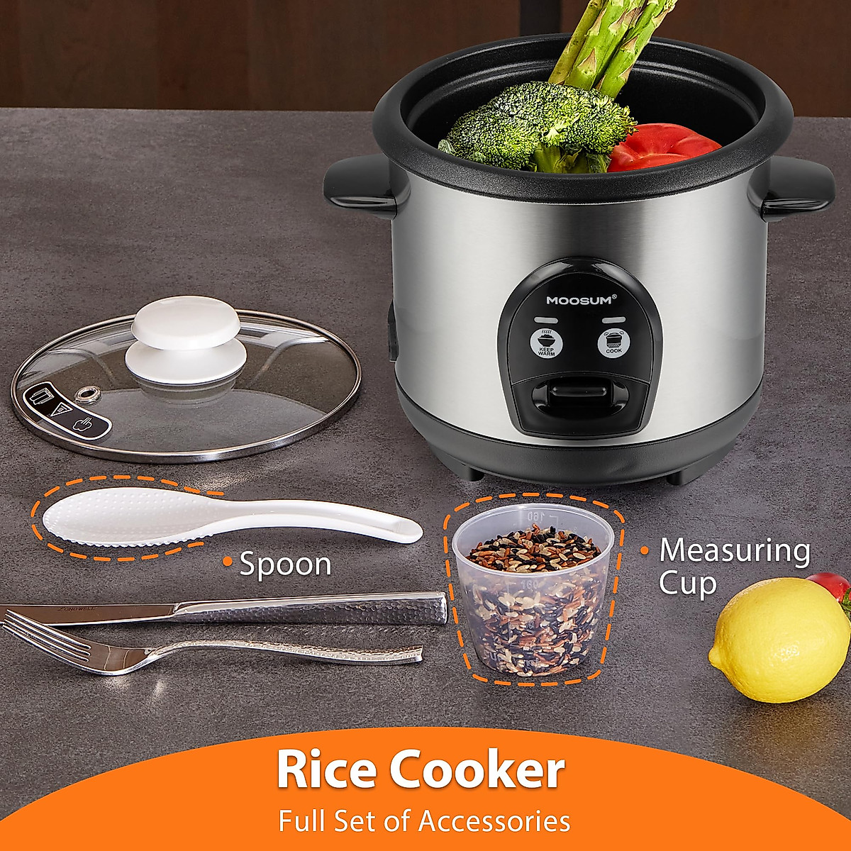 MOOSUM Electric Rice Cooker with One Touch for Asian Japanese Sushi Rice, 3-cup Uncooked/6-cup Cooked, Fast&Convenient Cooker with Ceramic Nonstick inner pot, Stainless Steel Housing and Auto Warmer