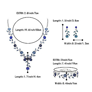 BriLove Women's Wedding Jewelry Set Leaf Cluster Flower Crystal Dangle Earrings Pendant Necklace Link Bracelet Set for Bridal Bride Blue Silver-Tone