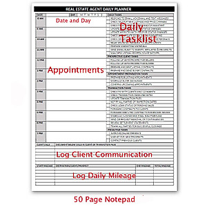 Real Estate Agent Supplies - Daily Planner Task List Notepad. Simple one page document with calendar, task lists, call and mileage log. Keep organized & focused on selling real estate. 8.5 X 11