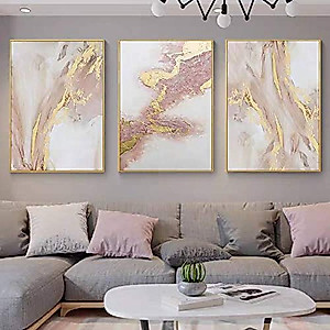 3 Piece Framed Canvas Wall Art Pink Gold Abstract Painting Water Flow Shape Modern Home Decor Ready to Hang 24x48 inches