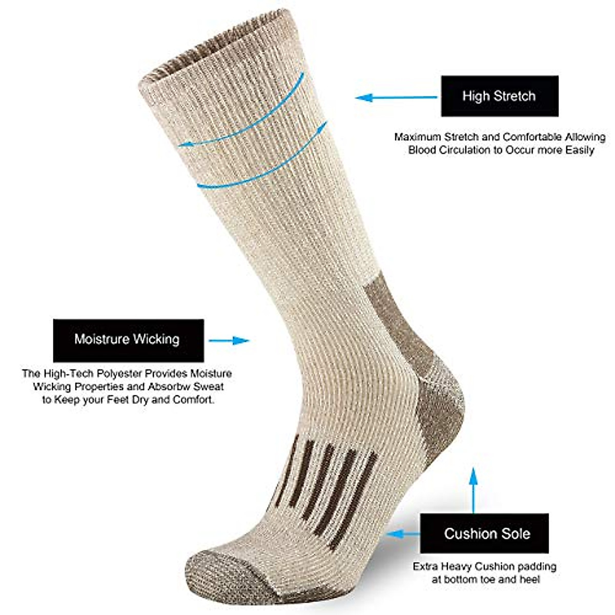 ONKE Merino Wool Cushion Crew Socks for Men Outdoor Hiking All Seasons Work Boot Heavy Thick Thermal Moisture Wicking Control(Brown L)