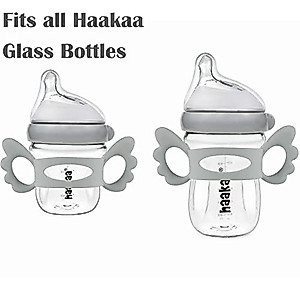 haakaa Gen.3 Glass Baby Bottle Handle - Silicone Baby Bottle Cover | Wide Neck Bottle Grip for 0m+ 6m+Breastfeeding Babies - Grey