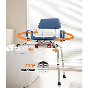 VOCIC Sliding Shower Chair, Swivel Tub Transfer Bench, Adjustable Height Shower Bench for Elderly, Bath Bench with Armrests & Swivel Padded Seat