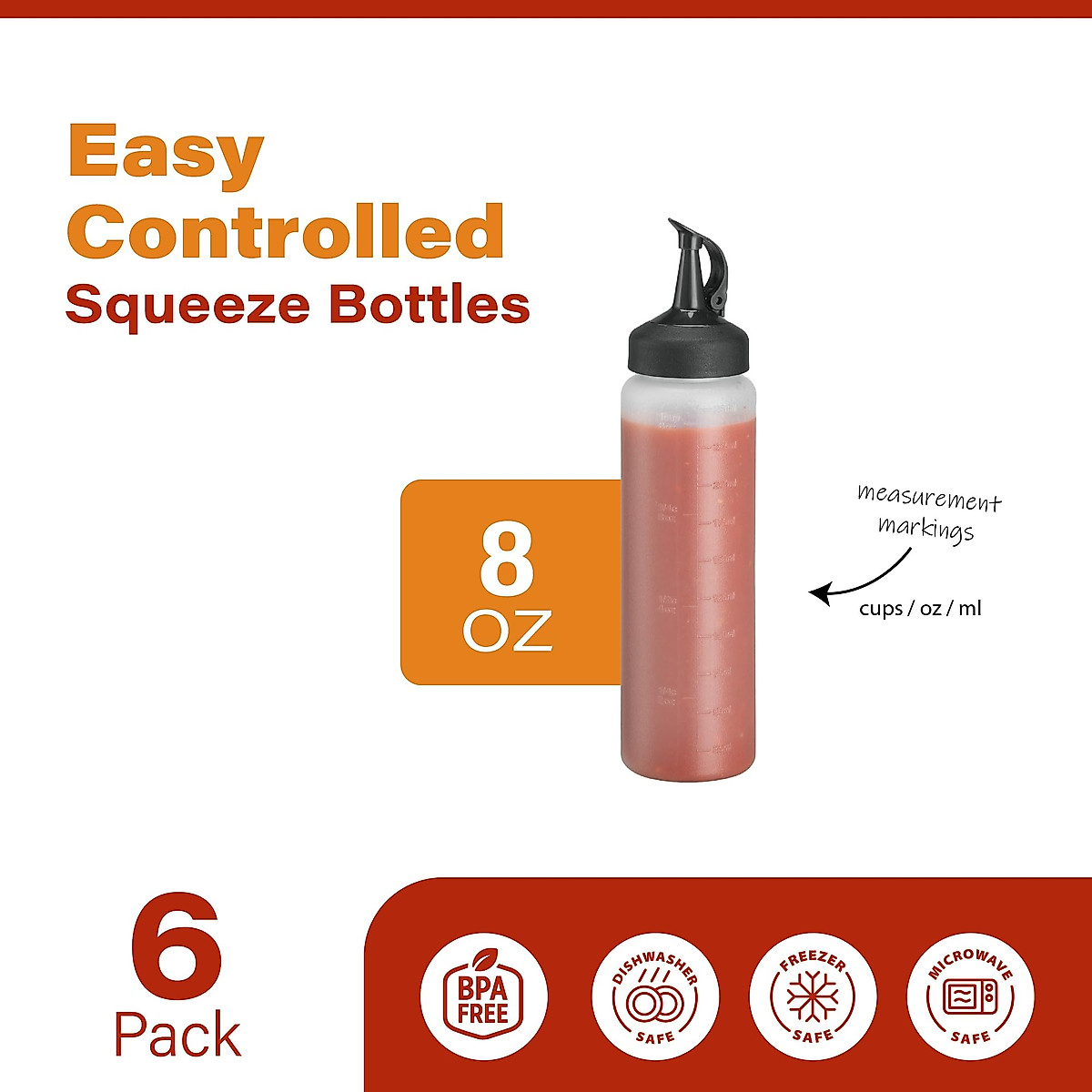 6 Pack Condiment Squeeze Bottles for Sauces - 8 Oz Squirt Bottles for Liquids, Easy Pour Sauce Bottles with Leak Proof Snap Cap, Condiment Bottles, Plastic Squeeze Bottles for Liquids, Ketchup, Oil