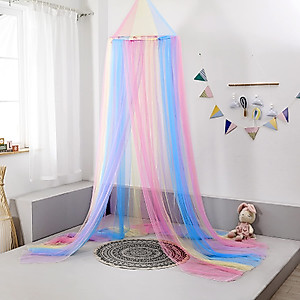Rainbow Bed Canopy with Lights - Girls Room Bed Netting for Twin, Single, Full, Queen Size Beds - Reading Corners Room Decor