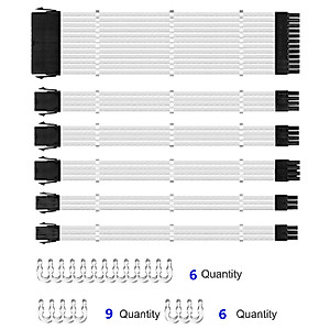 Sleeved Cables, PSU Extension Cable Kit for Power Supply, Fiber Braided ATX EPS PCI-E Cable with Combs, 30CM (White)