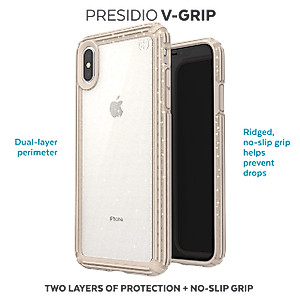 Speck Products Presidio V-Grip iPhone Xs Max Case, Clear with Gold Glitter/Calfskin Brown (120255-7730)