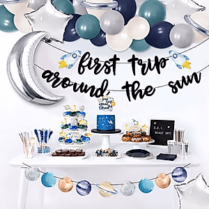 First trip Around the Sun Birthday Decorations -58pcs Outer Space 1st Birthday Banner First Trip Around the Sun Cake Toppers Solar System Party Balloons for Galaxy Party Supplies set
