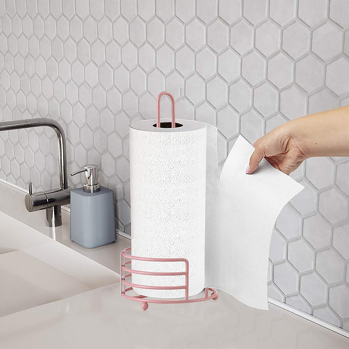 Buruis Standing Paper Towel Holder, 13 X 6 Inch Modern Decorative Countertop Rolls Holder for Kitchen, Toilet, Pantry and Bathroom (Pink)