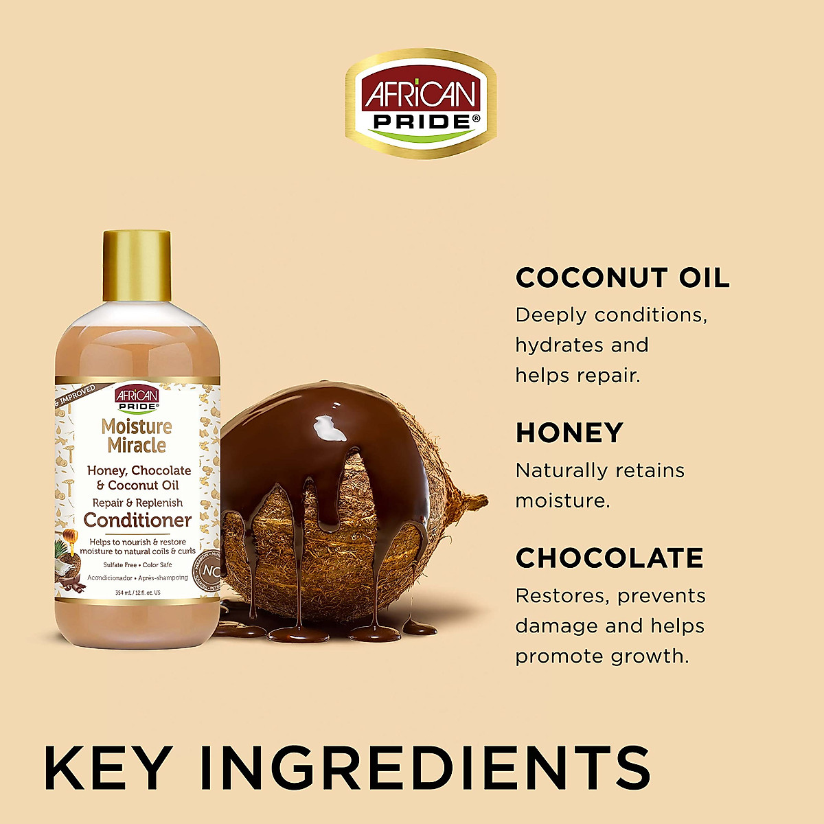 African Pride Moisture Miracle Honey, Chocolate & Coconut Oil Conditioner - Helps Repair & Replenish Moisture to Natural Coils & Curls, Nourishes & Restores, Sulfate Free, Color Safe, 12 oz