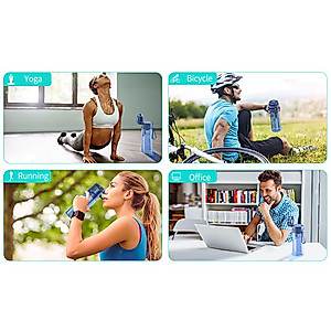 HandFan Bottle - 20 oz, 2 Lids (Straw Lids), Leak Proof - Fitness Water Bottles and Flasks with Cooling Handheld Fan for Men, Women and Children - Valentine's Day Gift for Men or Women - Blue