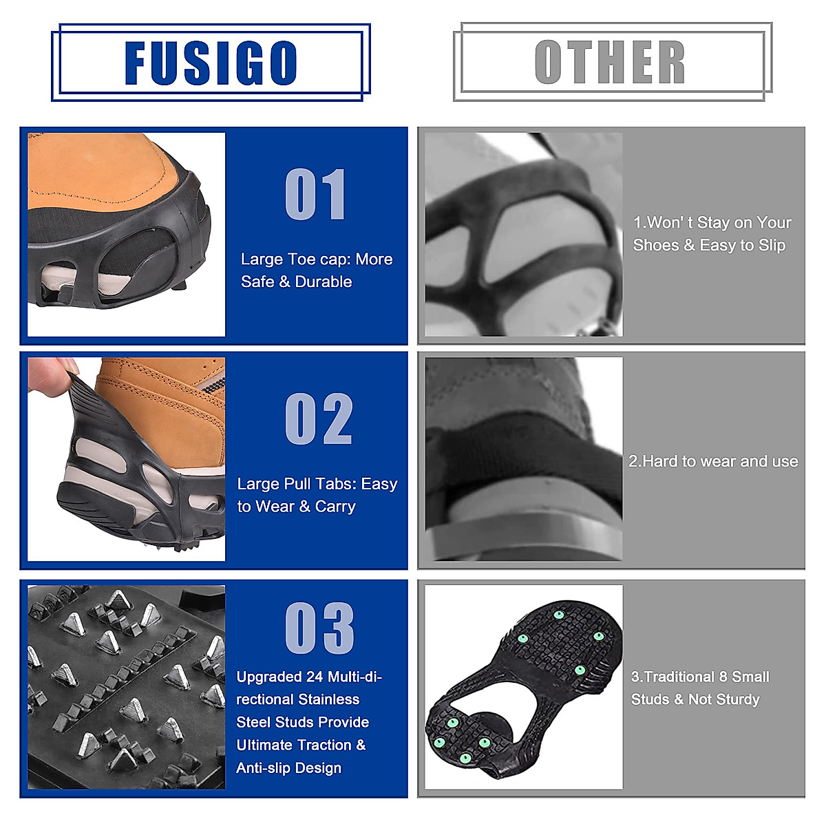 Ice Snow Traction Cleats Crampons for Boots Shoes Non-Slip Overshoe Walk Traction Cleat for Walking on Snow and Ice 24 Steel Ice Cleats for Men Women Kids Jogging Hiking (1 Pair, Size S)