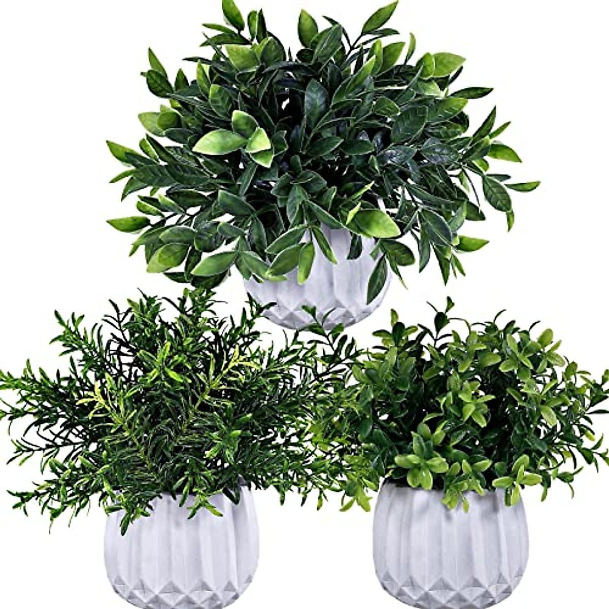Winlyn 3 Pcs Faux Potted Plants Set - Artificial Eucalyptus, Rosemary, Boxwood Greenery in Small White Geometric Planters for Indoor Outdoor Desk Table Centerpiece Shelf Windowsill Home Office Decor