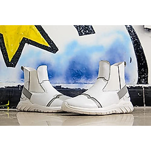 Soulsfeng High Top Sneakers Reflective Shoes Leather Splicing Lightweight Non Slip Walking Shoes White Women Size 9.5 Men Size 8