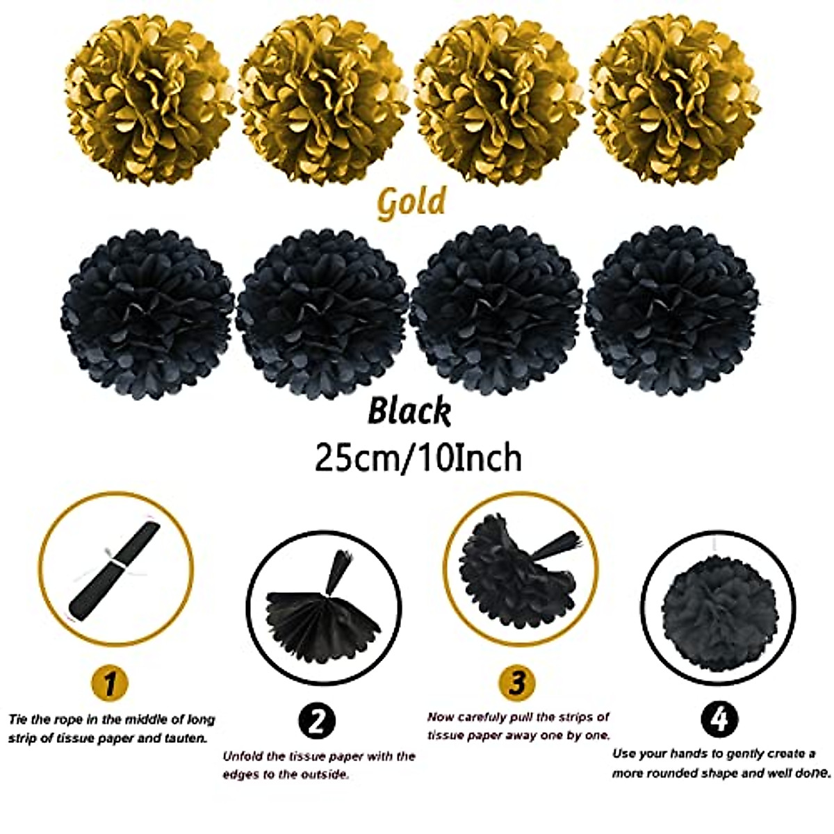 ZERODECO Party Decorations, 41 Pcs Black and Gold Papar Fans Pompoms Garlands String Tissue Paper Tassel for Graduation Congrats Grad New Years Wedding Birthday Party
