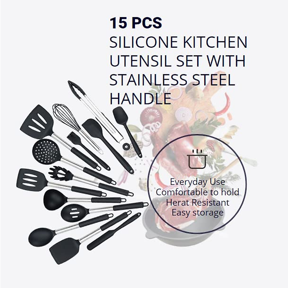 DMFC Kitchen Utensils Set 15 Pieces Kitchenware Supplies Set Silicone Stainless Steel Handle Cooking Nonstick Pot High Temperature Resistant Spatula Spoon Kitchenware. (Black)
