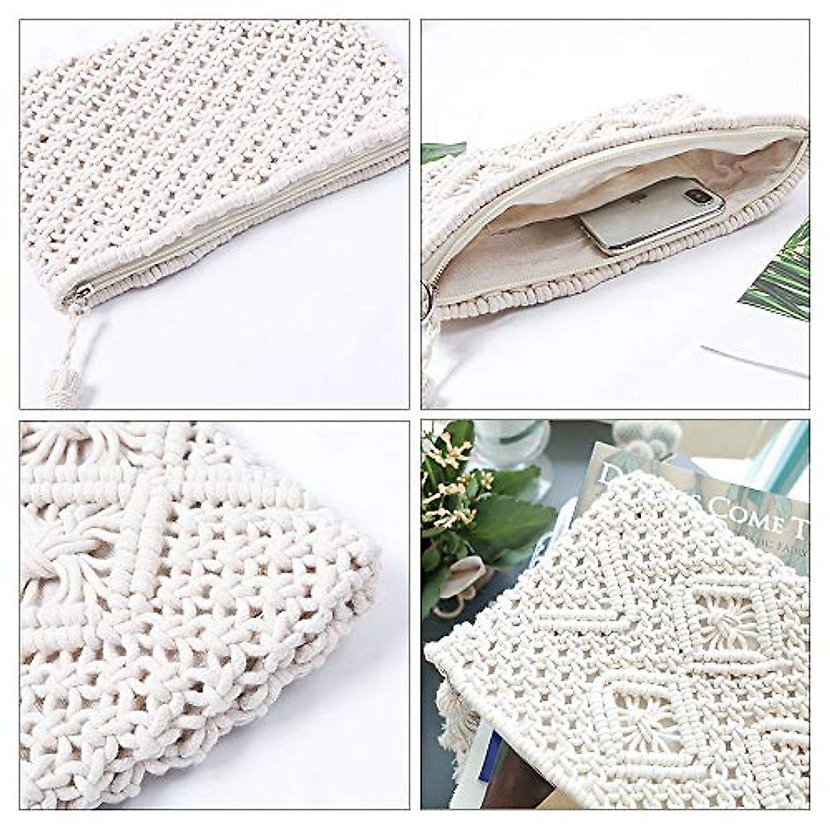 QTKJ Women's Summer Beach Straw Crochet Clutch Bag Woven Envelope Tassel Bag with Zipper (White)