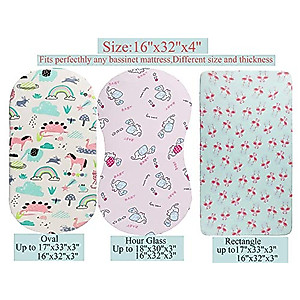 Tontukatu Bassinet Sheet Set 3 Pack Jersey Knit Ultra Soft Flexible Breathable Baby Girl Boy Fit for Halo, MiClassic, Chicco Lullago Mattress and More Flamingo Elephant Horse Lt Green Pink