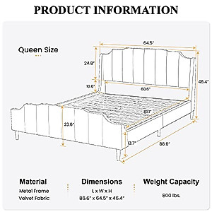 SHA CERLIN Wood Queen Size Bed Frame with Modern Curved Upholstered Wingback Headboard / Heavy Duty Platform Bed with Strong Wood Slat Support / Green