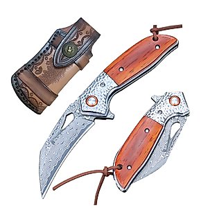 Tusonac Hunting Folding Knife with Leather Sheath, Protable Pocket Knife for Men, Handmade Forged VG10 Damascus Steel Knife with Engraved Steel Bolster, For Camping, Hiking and Daily