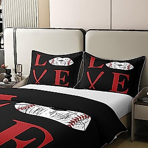 jejeloiu Baseball Duvet Cover 100% Cotton Full Size Sports Game Bedding SetBaseball Gaming Gift for Baseball Lover Red Black Comforter Cover Set