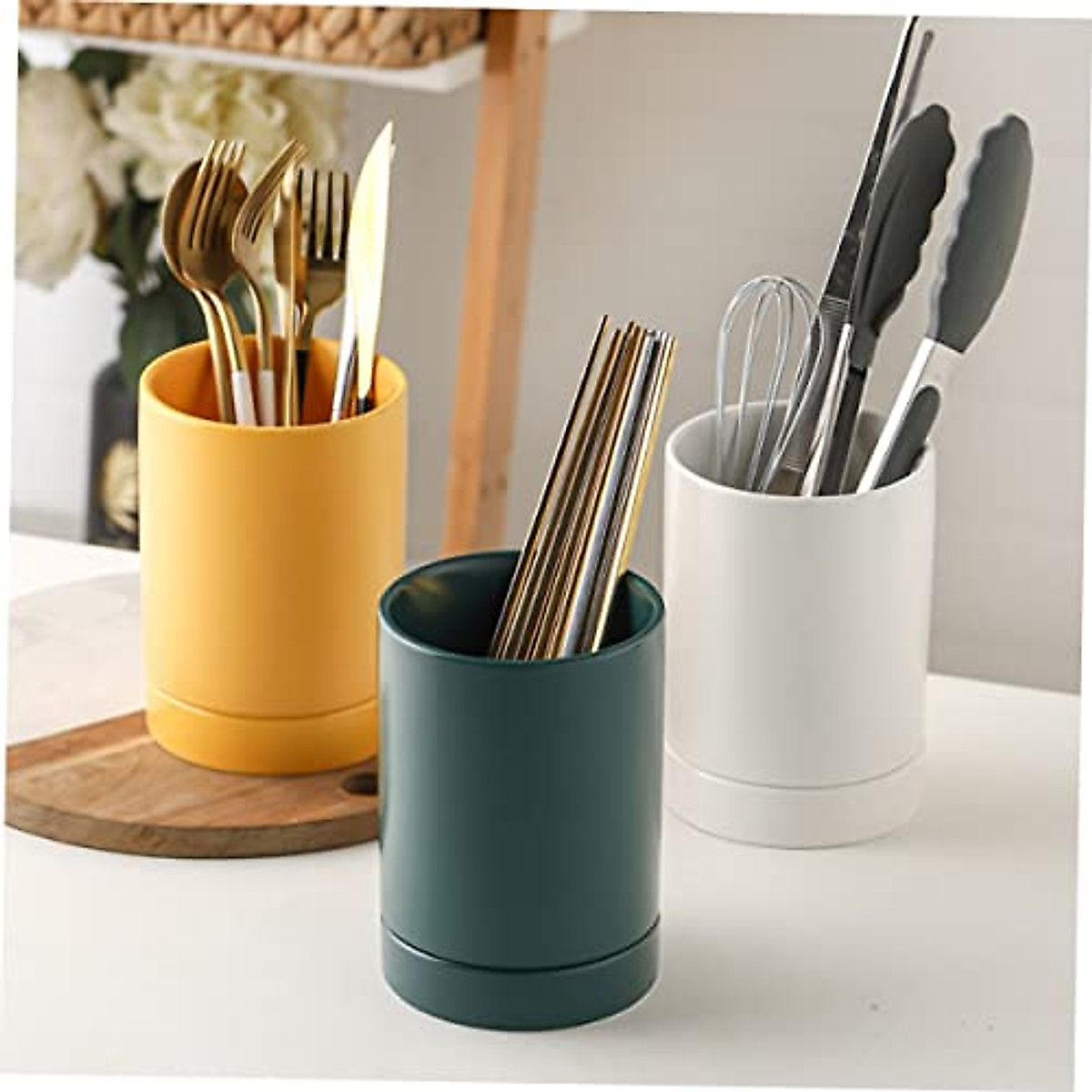 UPKOCH 2 sets with Ceramic Caddy Rack Home Utensil Canister Countertop Drainer Makeup Forks Spatulas Decoration and for Holder Rest Yellow Chopstick Cutlery Organizer Base Matte