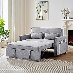 Antetek Sleeper Sofa Couch Bed, 54" Modern Linen 3 in 1 Convertible Loveseat Sleeper with Pullout Bed, Small Love seat Futon Sofa w/Adjustable Backrest for Living Room Bedroom, Light Grey