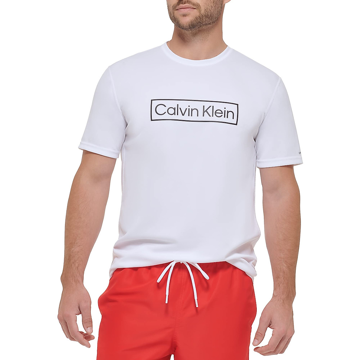 Calvin Klein Men's Standard Light Weight Quick Dry Short Sleeve 40+ UPF Protection Active Top, White Logo, X-Large