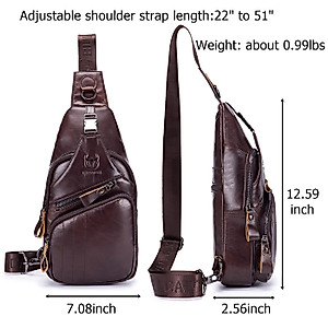 BULLCAPTAIN Men Genuine Leather Sling Bag Backpack Multi-pocket Chest Bag Outdoor Hiking Travel Daypack (Coffee)