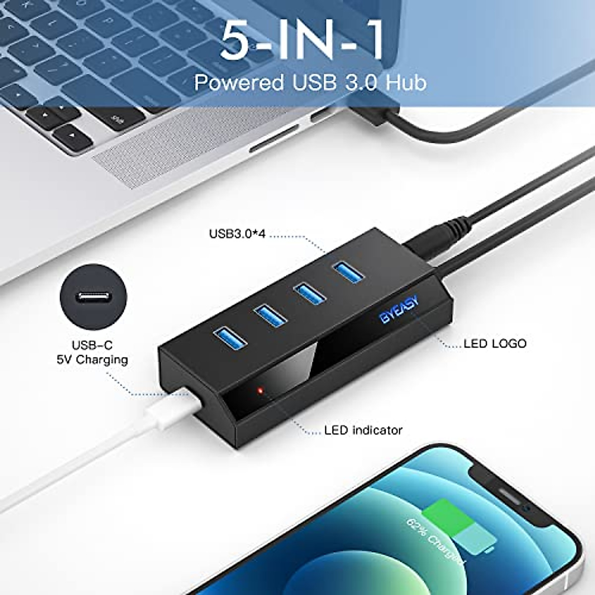 BYEASY Powered USB Hub, 5-Port USB 3.0 Hub with 4 USB 3.0 Data Ports and 1 Type-C Smart Charging Port, USB Splitter with 5V/3A Power Adapter Compatible with MacBook, Laptop, PS4, Flash Drive