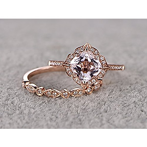 2pcs Morganite Bridal Ring Set,Engagement Ring Rose Gold,Diamond Wedding Band,14k,7mm Cushion Cut,Promise Ring,Retro Vintage Floral,Art Deco