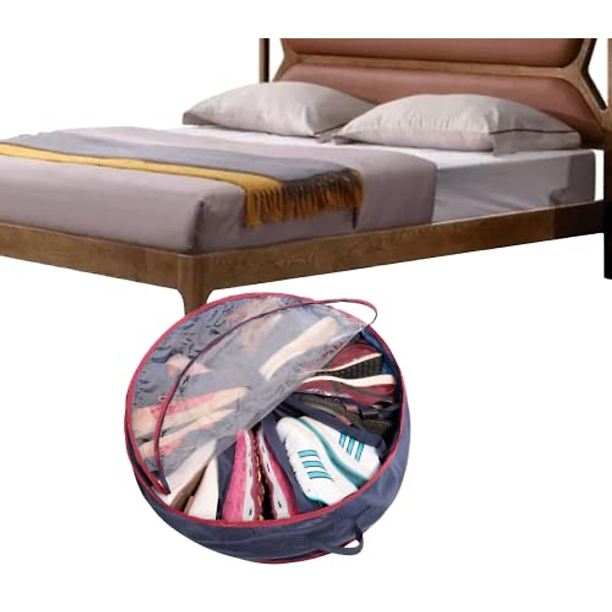 Japarismo Under Bed Shoe Storage Round Shape Organizer Sturdy Zippers Clear Cover Solution Bag Bedroom Containers Dust Shield Box (Round Navy (2 sets))