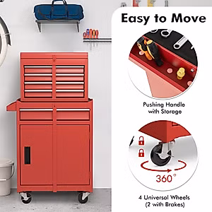 Goplus Rolling Tool Chest, 5-Drawer Tool Box Organizer w/Lockable Wheels & Sliding Drawers & Detachable Top & Adjustable Shelf, Tool Storage Cabinet for Garage Workshop (Red)