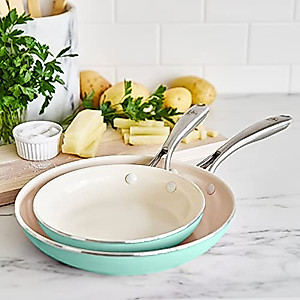 GreenLife Artisan Healthy Ceramic Nonstick, 8" and 10" Frying Pan Skillet Set, Stainless Steel Handle, PFAS-Free, Dishwasher Safe, Oven Safe, Turquoise