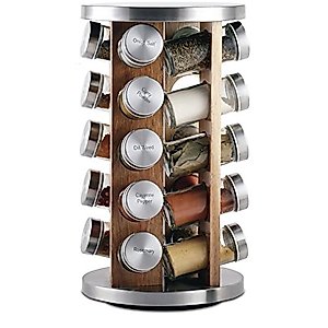 Orii 20 Jar Spice Rack with Spices Included - Tower Organizer for Kitchen Spices and Seasonings, Free Spice Refills for 5 Years (Natural Acacia Wood)