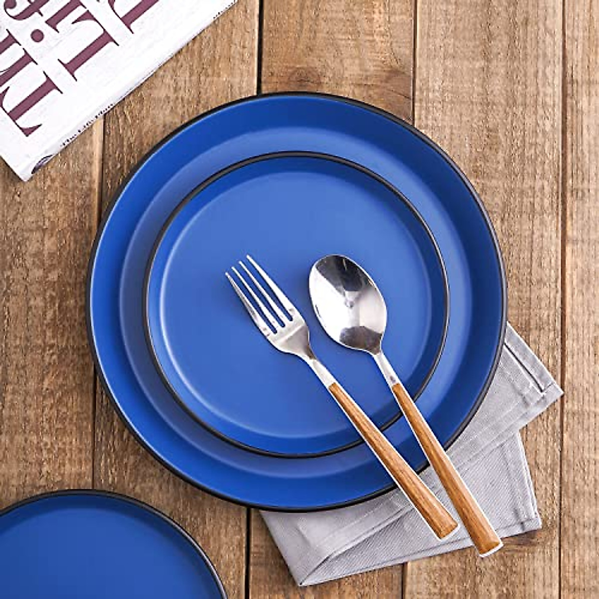 Stone Lain 16 Pieces Two-Tone Color Glaze without Rim Stoneware Round Dinnerware Set, Blue and Black