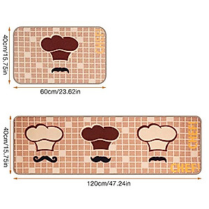 Outamateur Kitchen Rugs Set of 2, Kitchen Runner Rugs Soft Kitchen Mat Runner Carpet Set Bath Rug Doormat, Non-Slip Durable and Spill Resistant 16”x24”+16”x47” (Chef Hat Pattern Light Brown)