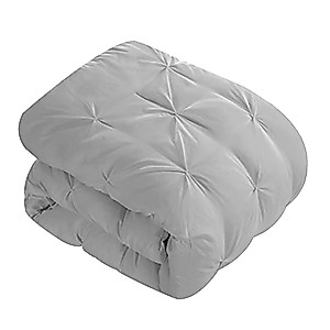 EVOLIVE 4pc Set Pinch Pleat/Kiss Pleat, Pintuck Down Alternative Comforter Set with Pompom (Full/Queen, Silver Grey)