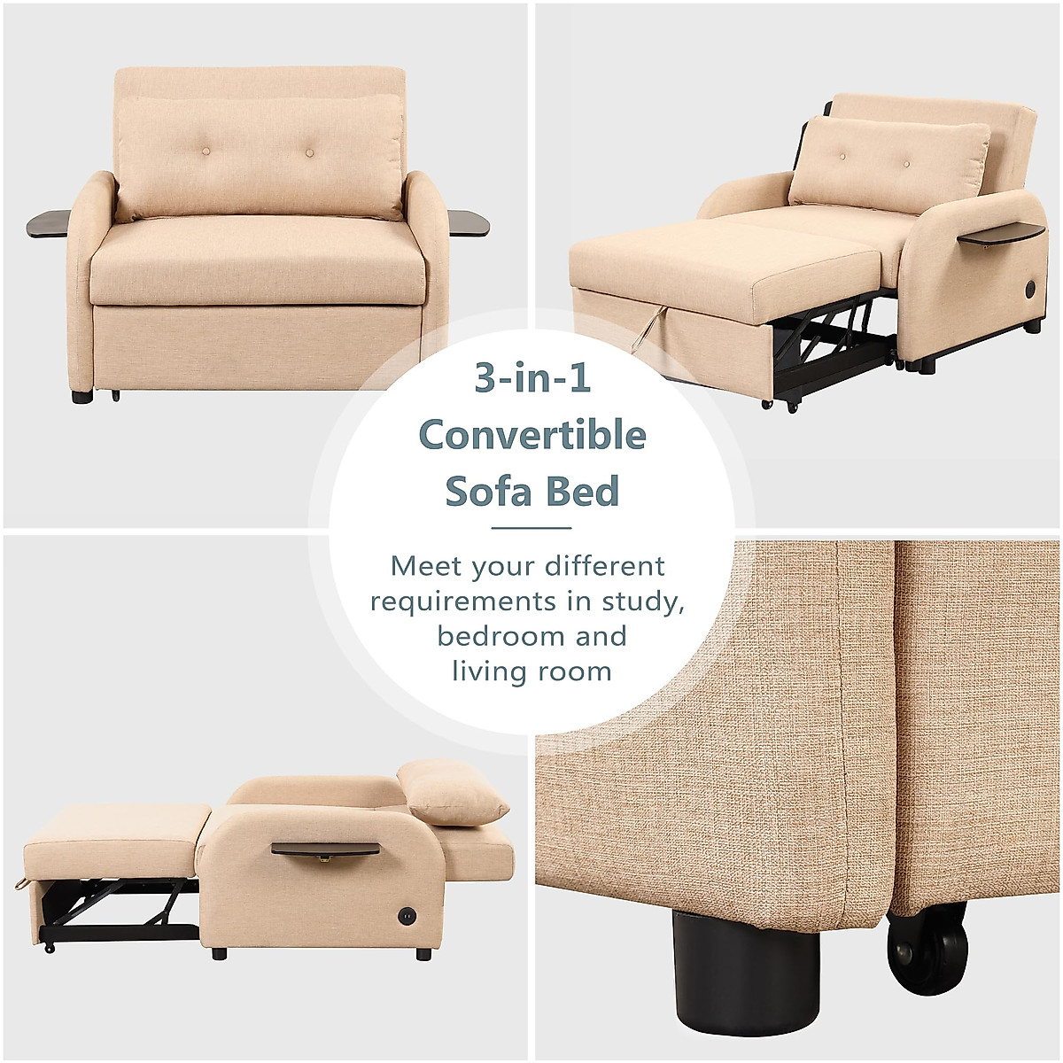 P PURLOVE 3 in 1 Linen Sleeper Sofa Couch Bed, Modern Convertible Sleeper Sofa Bed, Small Sofa Bed with 2 Wing Table Side Pocket and USB Charge for Living Room, Apartment, Beige