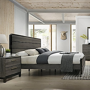 Roundhill Furniture Ioana 187 Antique Grey Finish Wood Bed Room Set, Queen Size Bed, Dresser, Mirror, Night Stand, Chest