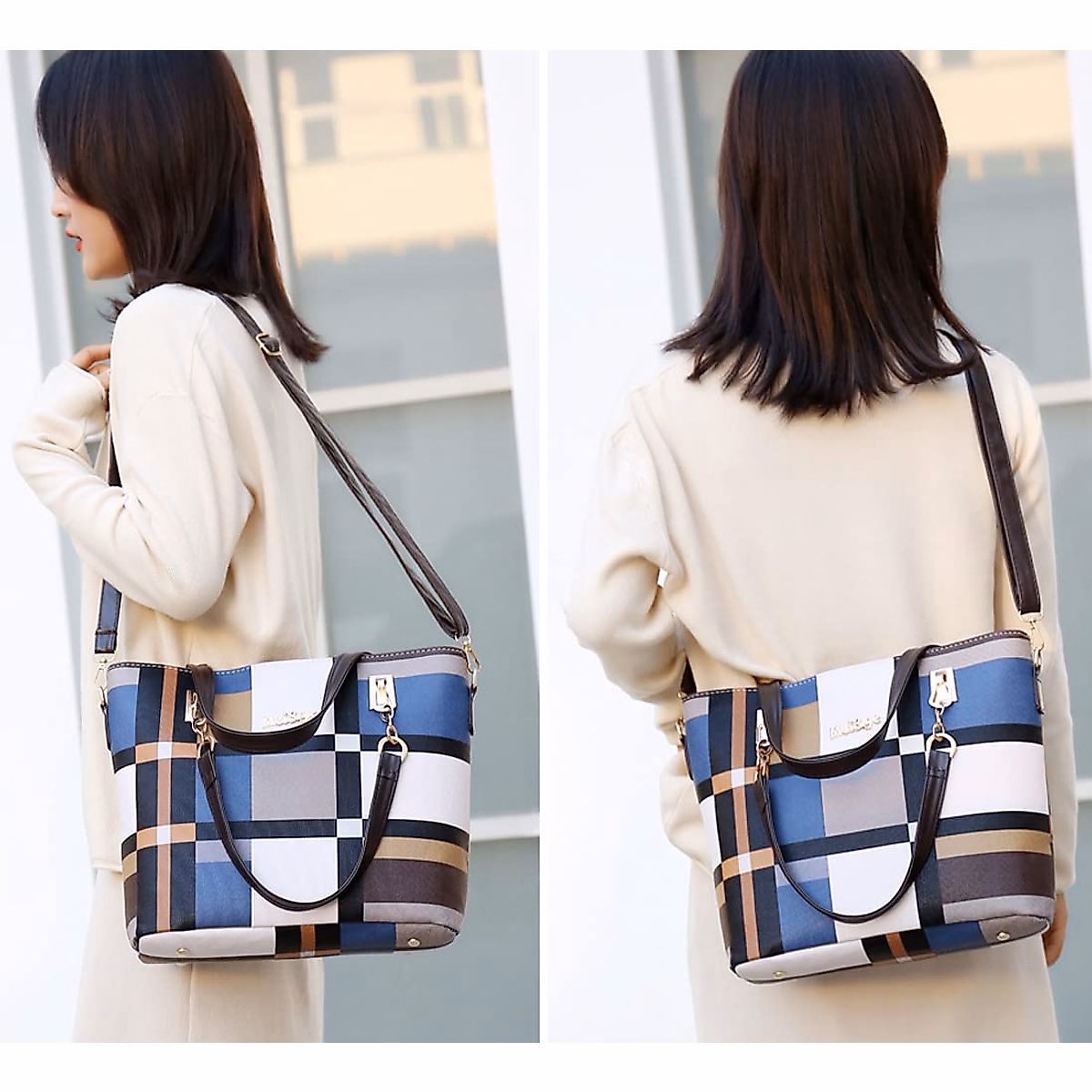 6-Pcs Handbags Set for Women Faux Leather Tote Bag Fashion Top-Handle Handbag Shoulder Bags Crossbody Totes Satchel Purses & Wristlet Wallet Purse Set-Blue