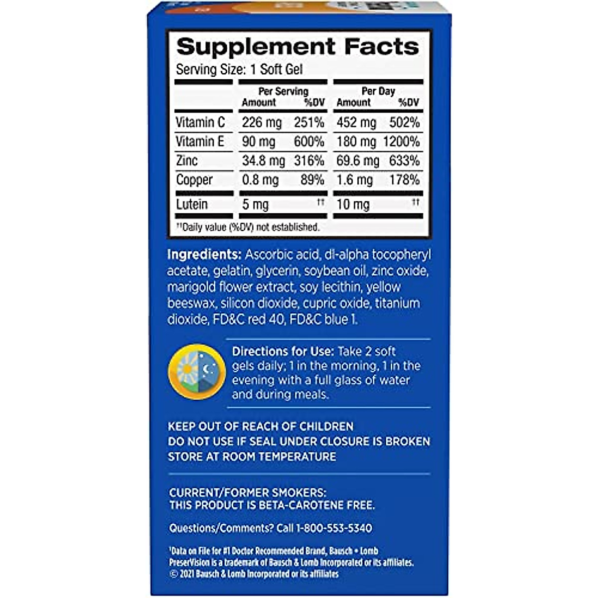 Bausch + Lomb PreserVision AREDS Eye Vitamin & Mineral Supplement, 120 Count Bottle (Soft Gels)