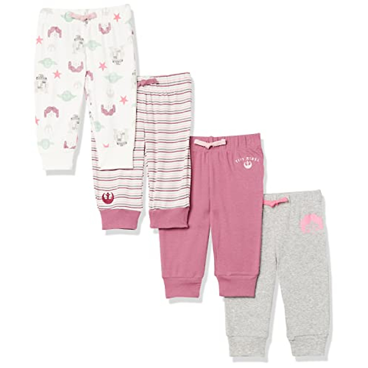 Amazon Essentials Disney | Marvel | Star Wars | Princess Baby Girls' Pants, Pack of 4, Star Wars Rebel Print, 6-9 Months